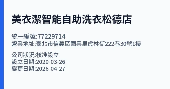 美衣潔智能自助洗衣松德店的照片-統編 77229714(臺北市) 公司登記資料與營業項目詳細圖表