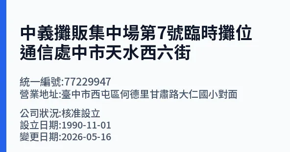 中義攤販集中場第7號臨時攤位通信處中市天水西六街的照片-統編 77229947(臺中市) 公司登記資料與營業項目詳細圖表