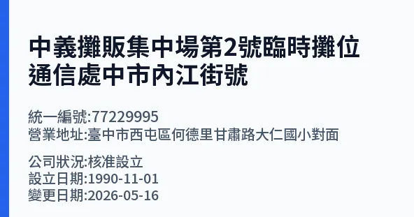 中義攤販集中場第2號臨時攤位通信處中市內江街號的照片-統編 77229995(臺中市) 公司登記資料與營業項目詳細圖表