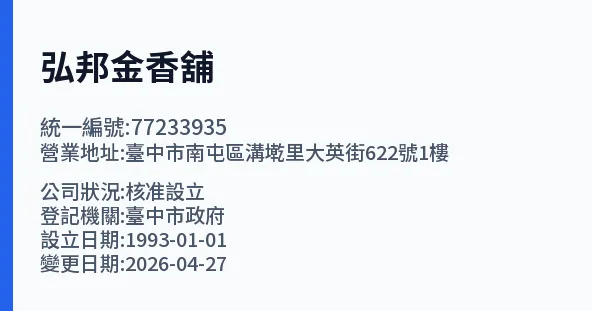 弘邦金香舖的照片-統編 77233935(臺中市) 公司登記資料與營業項目詳細圖表