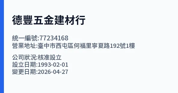 德豐五金建材行的照片-統編 77234168(臺中市) 公司登記資料與營業項目詳細圖表