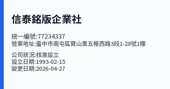 信泰銘版企業社的照片-統編 77234337(臺中市) 公司登記資料與營業項目詳細圖表