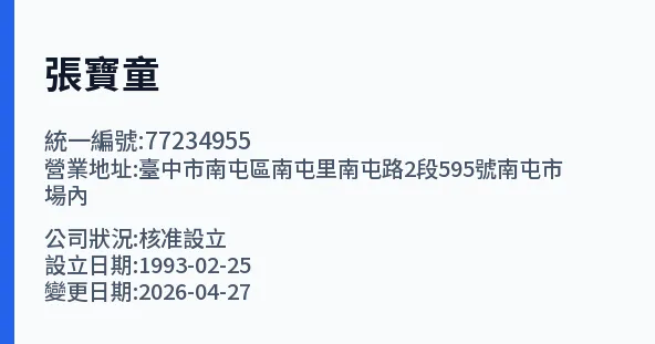 張寶童的照片-統編 77234955(臺中市) 公司登記資料與營業項目詳細圖表