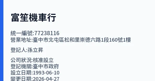 富笙機車行的照片-統編 77238116(臺中市) 公司登記資料與營業項目詳細圖表