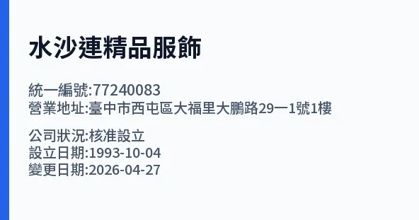 水沙連精品服飾的照片-統編 77240083(臺中市) 公司登記資料與營業項目詳細圖表