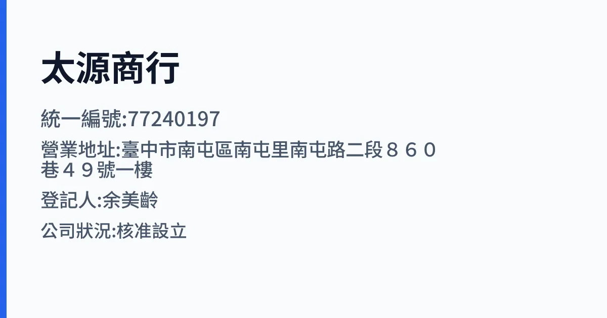 太源商行 - 統編 77240197(臺中市) 公司登記資料與營業項目詳細圖表