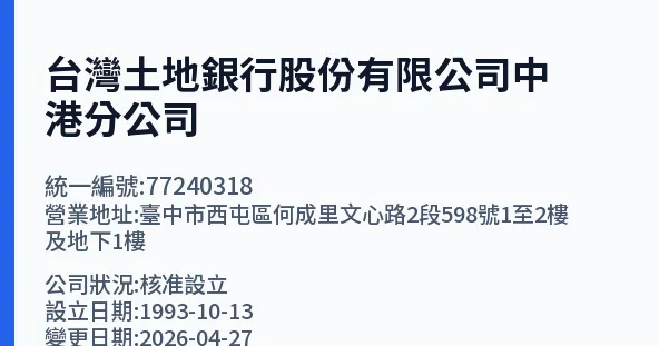 台灣土地銀行股份有限公司中港分公司的照片-統編 77240318(臺中市) 公司登記資料與營業項目詳細圖表