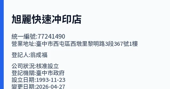 旭麗快速冲印店的照片-統編 77241490(臺中市) 公司登記資料與營業項目詳細圖表