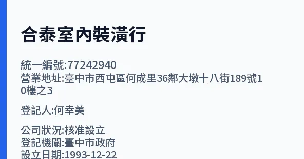 合泰室內裝潢行的照片-統編 77242940(臺中市) 公司登記資料與營業項目詳細圖表