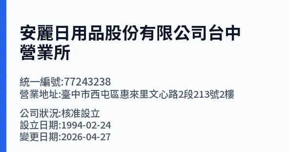 安麗日用品股份有限公司台中營業所的照片-統編 77243238(臺中市) 公司登記資料與營業項目詳細圖表