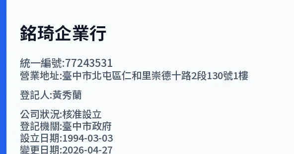 銘琦企業行的照片-統編 77243531(臺中市) 公司登記資料與營業項目詳細圖表