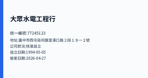 大眾水電工程行的照片-統編 77245123(臺中市) 公司登記資料與營業項目詳細圖表