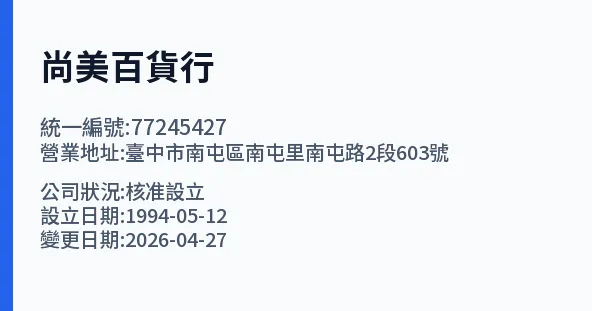 尚美百貨行的照片-統編 77245427(臺中市) 公司登記資料與營業項目詳細圖表