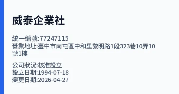 威泰企業社的照片-統編 77247115(臺中市) 公司登記資料與營業項目詳細圖表