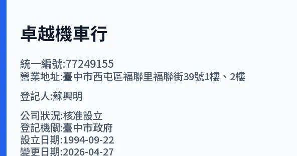 卓越機車行的照片-統編 77249155(臺中市) 公司登記資料與營業項目詳細圖表