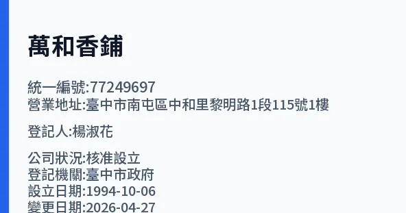 萬和香鋪的照片-統編 77249697(臺中市) 公司登記資料與營業項目詳細圖表