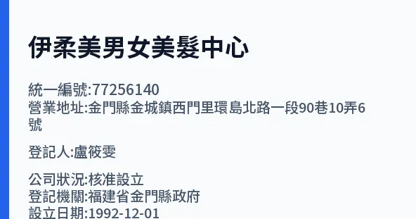伊柔美男女美髮中心的照片-統編 77256140(金門縣) 公司登記資料與營業項目詳細圖表