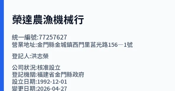 榮達農漁機械行的照片-統編 77257627(金門縣) 公司登記資料與營業項目詳細圖表