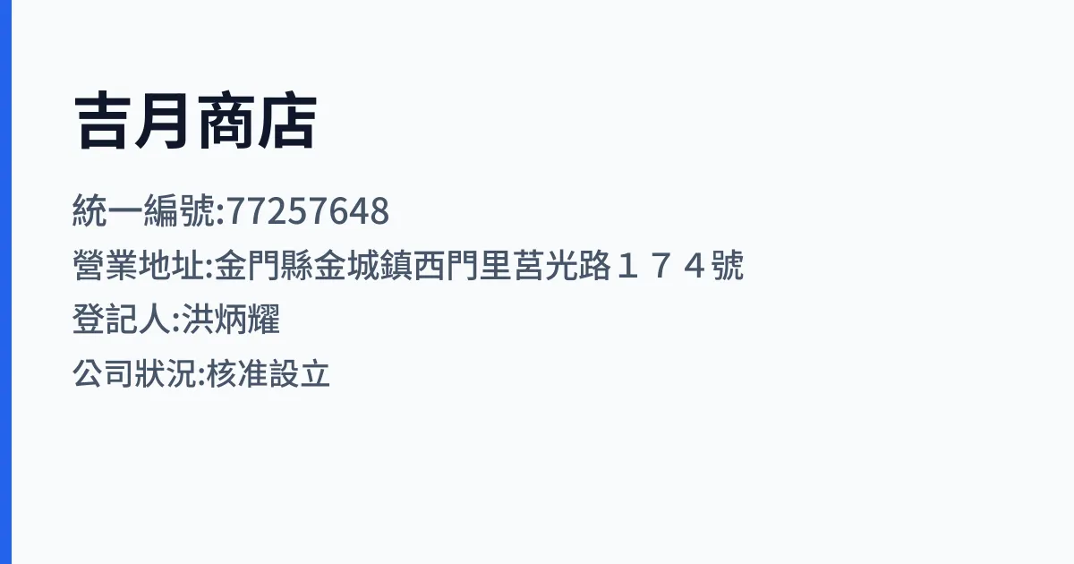 吉月商店 - 統編 77257648(金門縣) 公司登記資料與營業項目詳細圖表