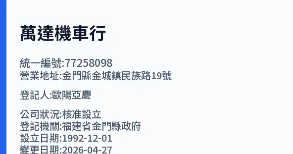 萬達機車行的照片-統編 77258098(金門縣) 公司登記資料與營業項目詳細圖表