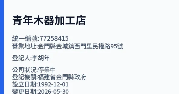 青年木器加工店的照片-統編 77258415(金門縣) 公司登記資料與營業項目詳細圖表