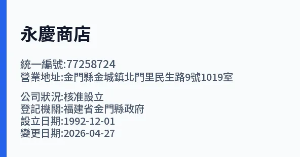 永慶商店的照片-統編 77258724(金門縣) 公司登記資料與營業項目詳細圖表