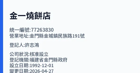 金一燒餅店的照片-統編 77263830(金門縣) 公司登記資料與營業項目詳細圖表