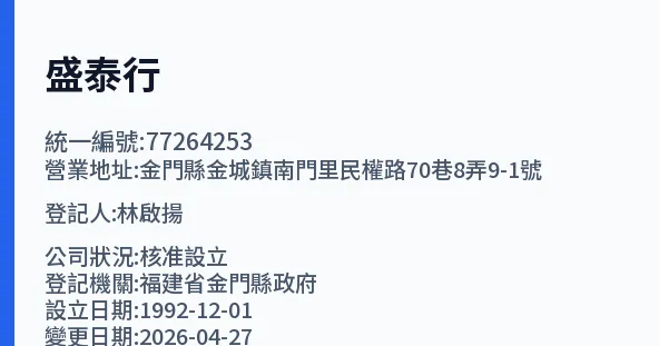 盛泰行的照片-統編 77264253(金門縣) 公司登記資料與營業項目詳細圖表