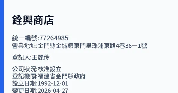 銓興商店的照片-統編 77264985(金門縣) 公司登記資料與營業項目詳細圖表