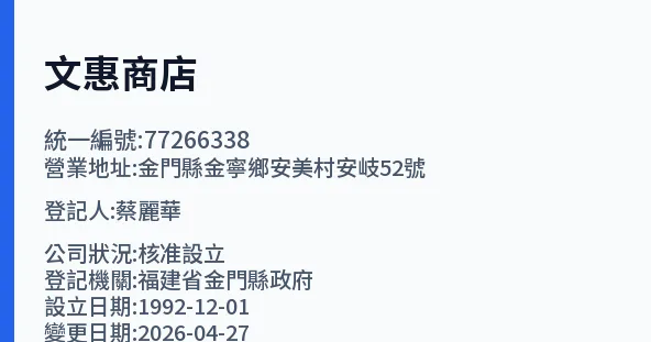 文惠商店的照片-統編 77266338(金門縣) 公司登記資料與營業項目詳細圖表