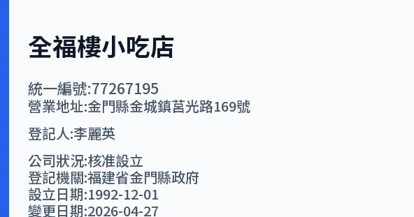 全福樓小吃店的照片-統編 77267195(金門縣) 公司登記資料與營業項目詳細圖表
