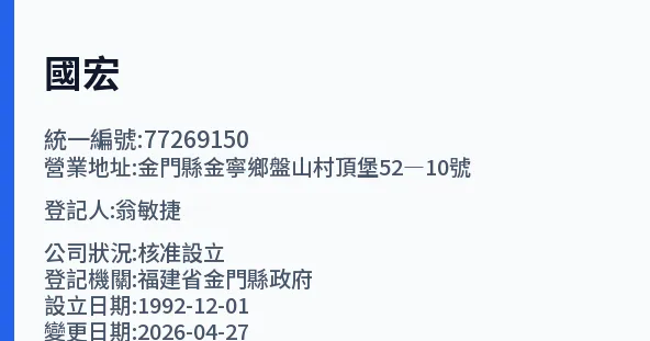 國宏的照片-統編 77269150(金門縣) 公司登記資料與營業項目詳細圖表