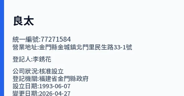 良太的照片-統編 77271584(金門縣) 公司登記資料與營業項目詳細圖表