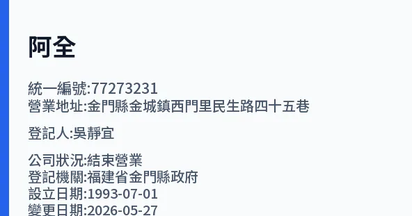 阿全的照片-統編 77273231(金門縣) 公司登記資料與營業項目詳細圖表