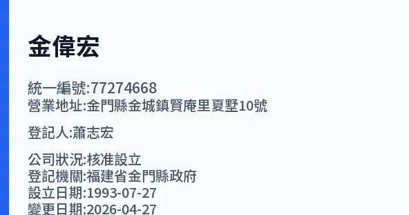 金偉宏的照片-統編 77274668(金門縣) 公司登記資料與營業項目詳細圖表
