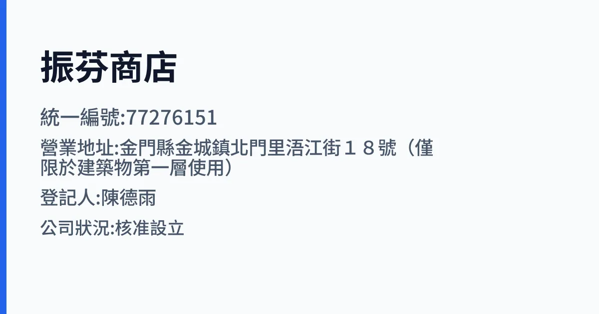 振芬商店 - 統編 77276151(金門縣) 公司登記資料與營業項目詳細圖表
