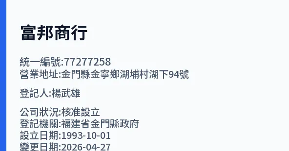 富邦商行的照片-統編 77277258(金門縣) 公司登記資料與營業項目詳細圖表