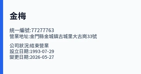 金梅的照片-統編 77277763(金門縣) 公司登記資料與營業項目詳細圖表