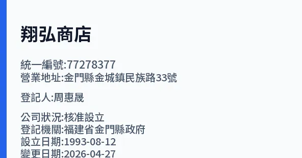 翔弘商店的照片-統編 77278377(金門縣) 公司登記資料與營業項目詳細圖表