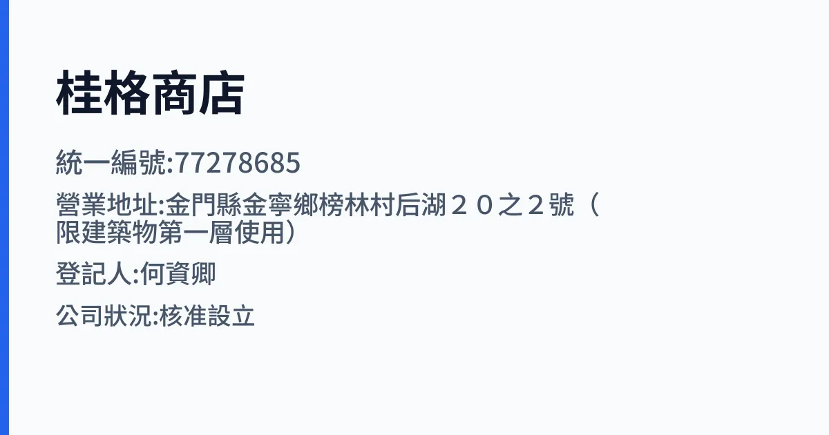 桂格商店 - 統編 77278685(金門縣) 公司登記資料與營業項目詳細圖表