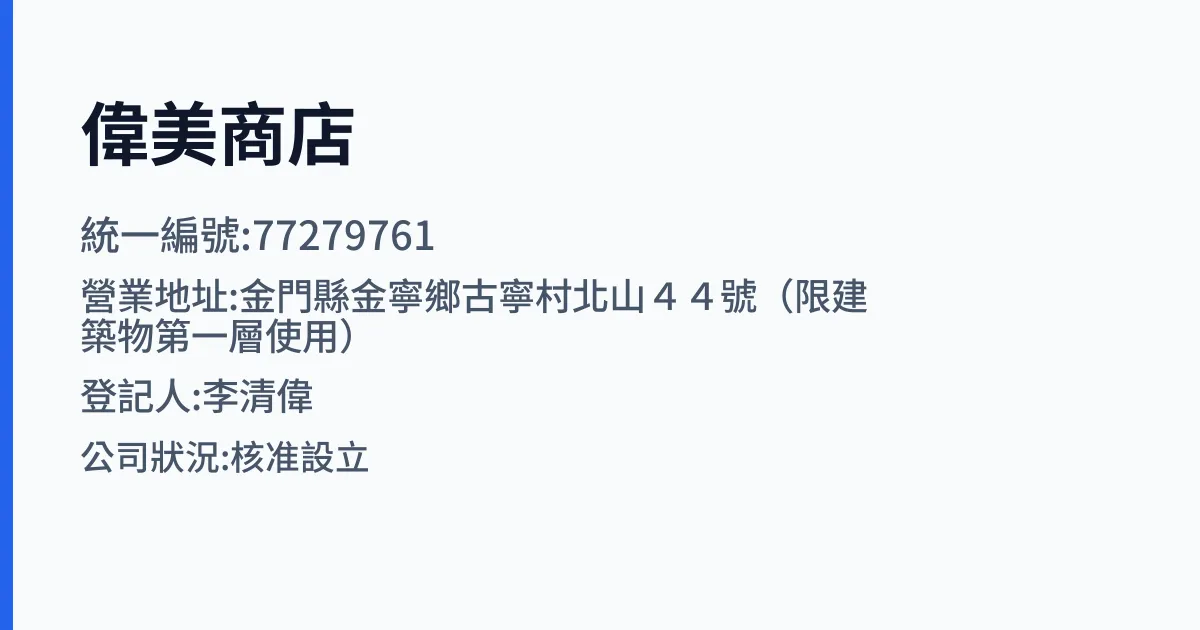 偉美商店 - 統編 77279761(金門縣) 公司登記資料與營業項目詳細圖表