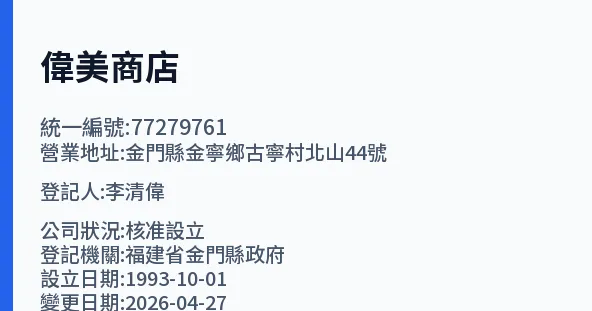 偉美商店的照片-統編 77279761(金門縣) 公司登記資料與營業項目詳細圖表