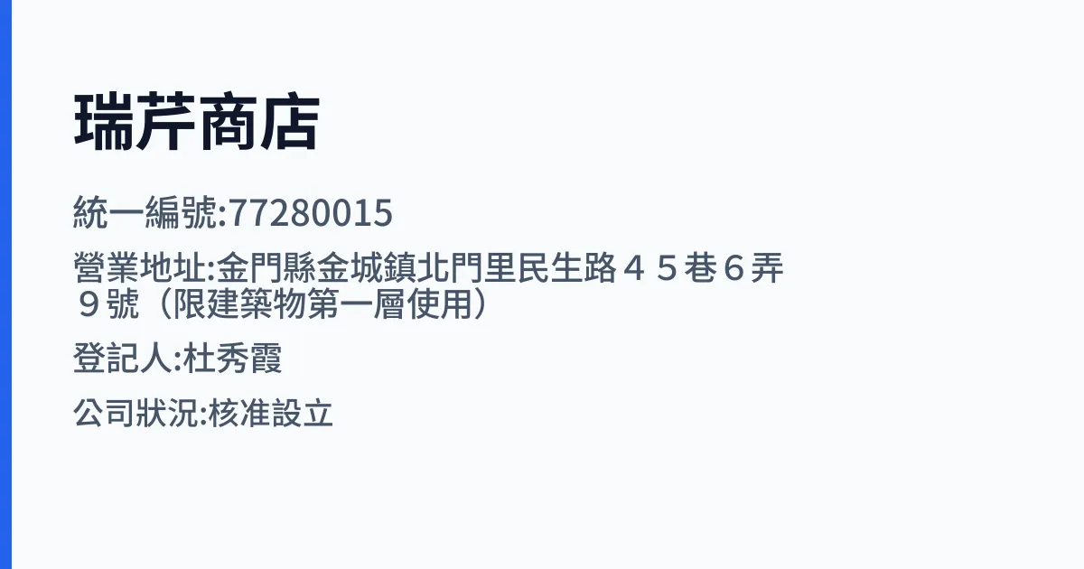 瑞芹商店 - 統編 77280015(金門縣) 公司登記資料與營業項目詳細圖表