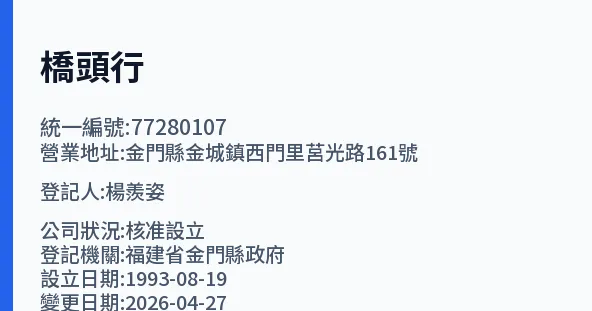 橋頭行的照片-統編 77280107(金門縣) 公司登記資料與營業項目詳細圖表