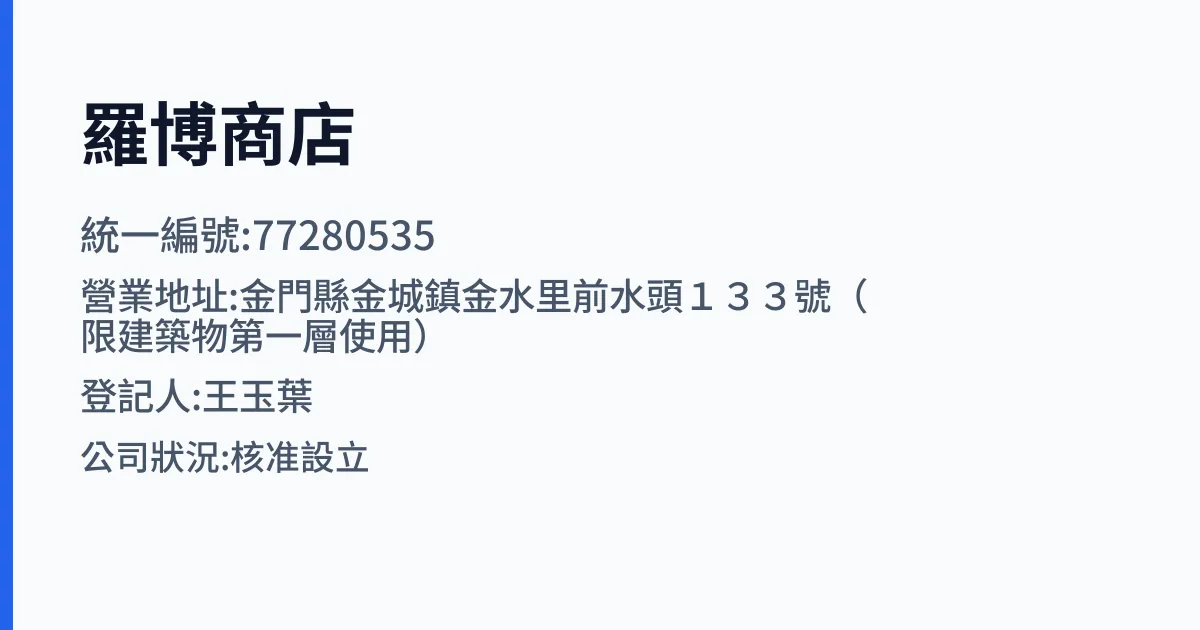 羅博商店 - 統編 77280535(金門縣) 公司登記資料與營業項目詳細圖表