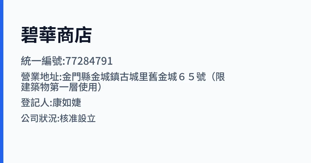 碧華商店 - 統編 77284791(金門縣) 公司登記資料與營業項目詳細圖表