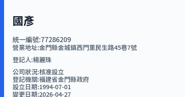 國彥的照片-統編 77286209(金門縣) 公司登記資料與營業項目詳細圖表