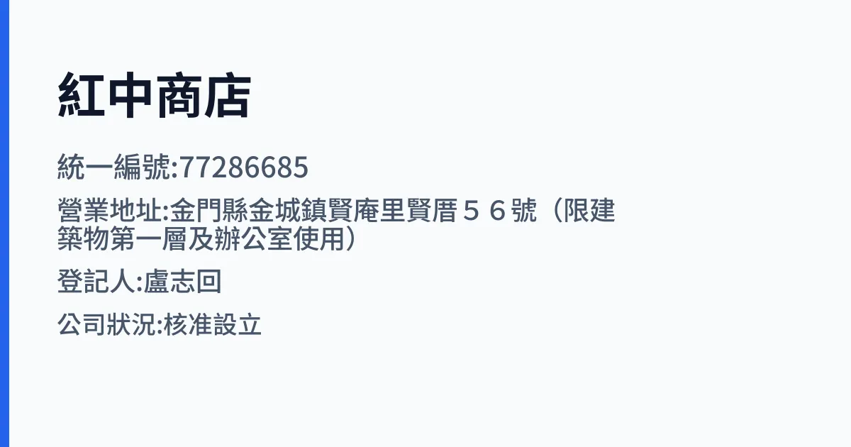 紅中商店 - 統編 77286685(金門縣) 公司登記資料與營業項目詳細圖表