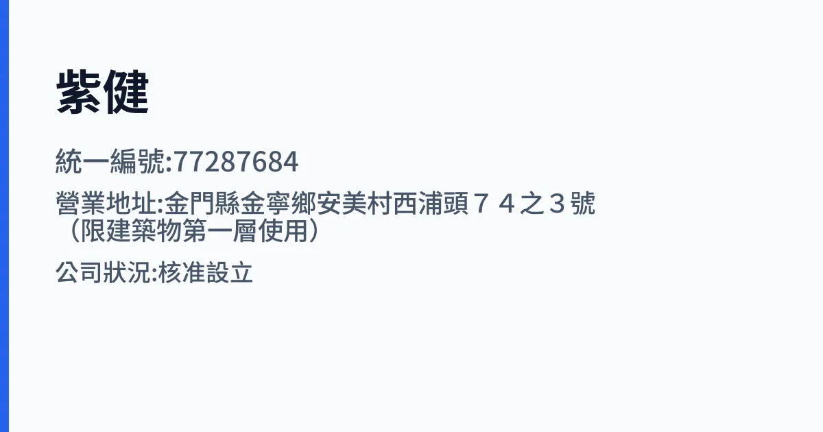 紫健 - 統編 77287684(金門縣) 公司登記資料與營業項目詳細圖表