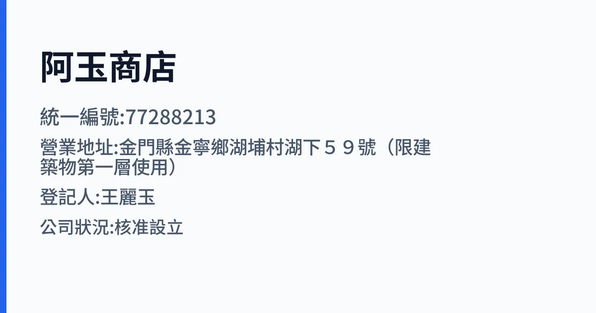 阿玉商店 - 統編 77288213(金門縣) 公司登記資料與營業項目詳細圖表